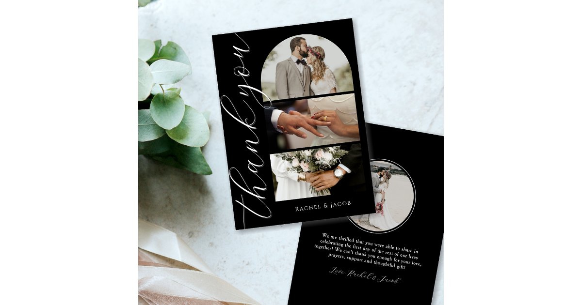Modern Script 4-Photo Collage Arch Wedding Thank You Card | Zazzle