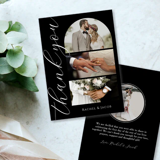 Modern Script 4-Photo Collage Arch Wedding Thank You Card | Zazzle