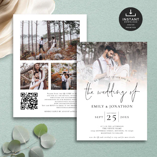 Modern Script 4 Photos Overlay QR Code Wedding Invitation | Zazzle