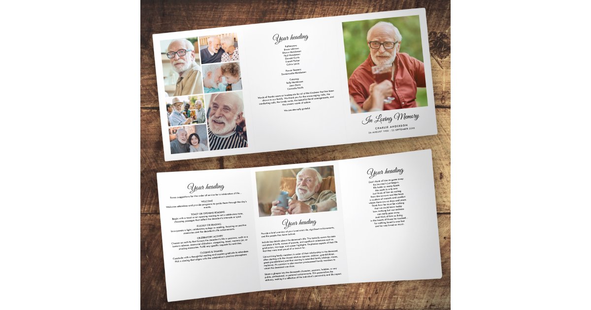 Modern Script 8-Photo Trifold Funeral Program | Zazzle