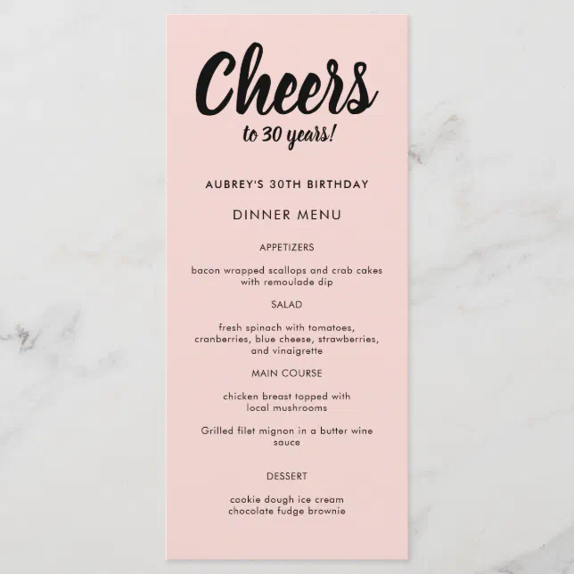 Modern Script Any Year 30th Birthday Party Menu | Zazzle