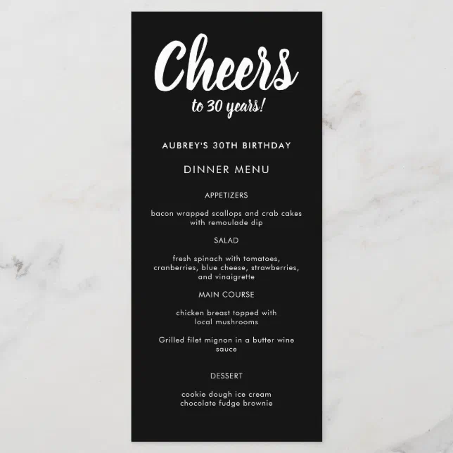 Modern Script Any Year 30th Birthday Party Menu | Zazzle
