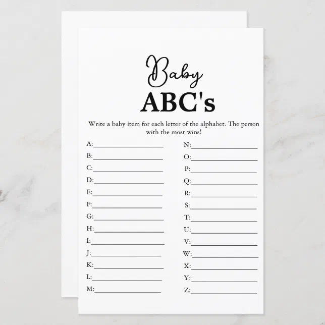 Modern script Baby Abc's baby shower game | Zazzle