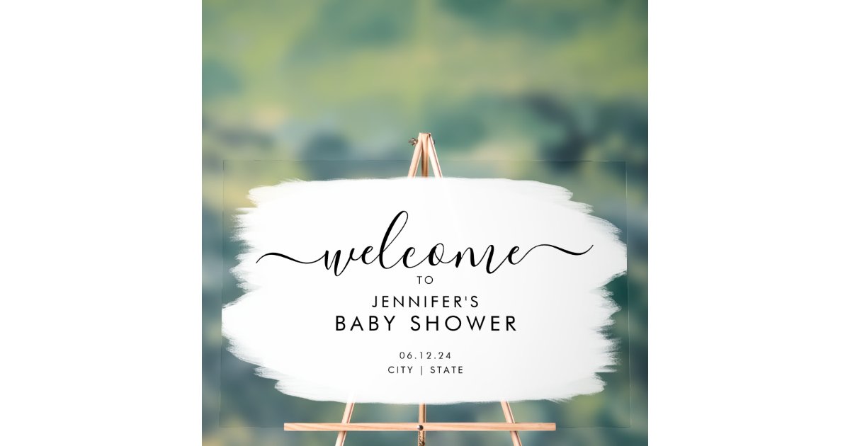 Modern Script Baby Shower Welcome Paint White Acrylic Sign | Zazzle
