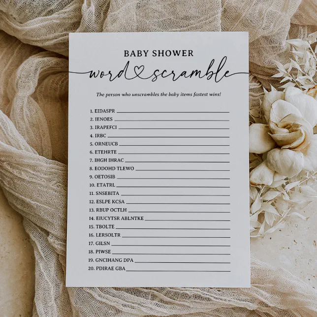 Modern Script Baby Shower Word Scramble Game Invitation | Zazzle