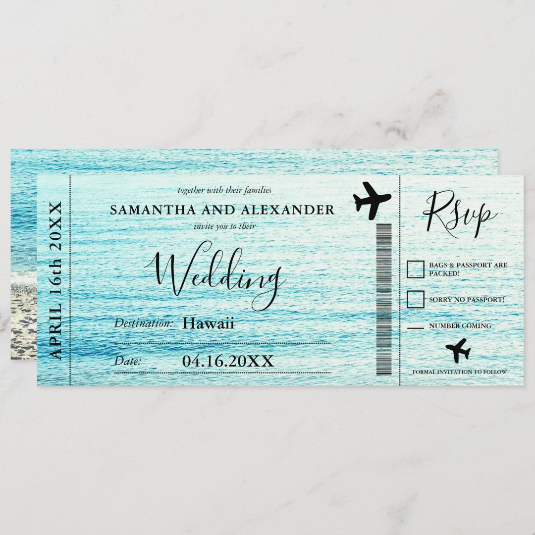 Modern script beach plane boarding pass wedding invitation | Zazzle