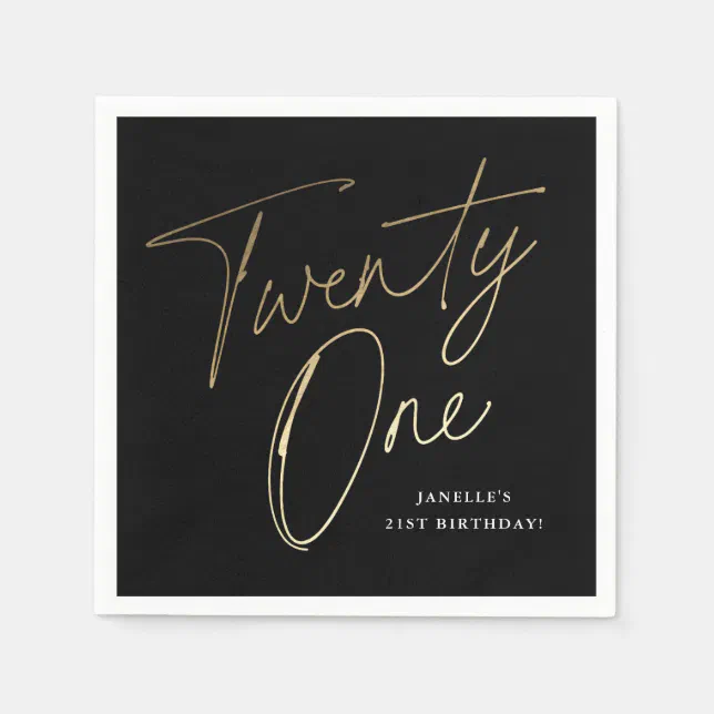 Modern Script Black and Gold 21st Birthday Party Napkins | Zazzle