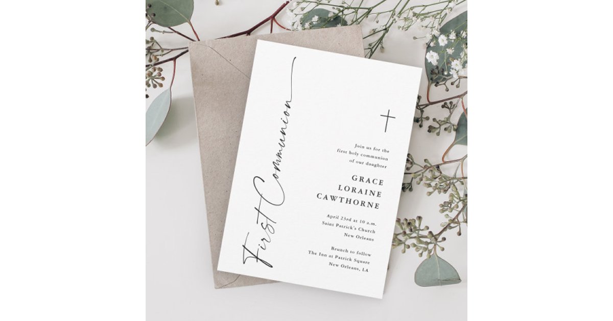 Modern Script Black and White First Communion Invitation | Zazzle