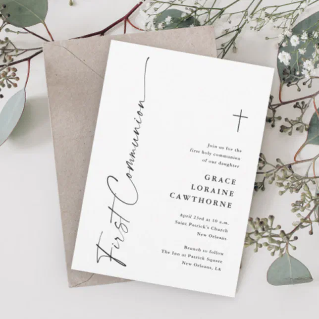 Modern Script Black and White First Communion Invitation | Zazzle