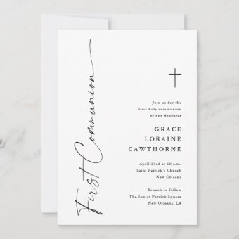 Modern Script Black and White First Communion Invitation | Zazzle