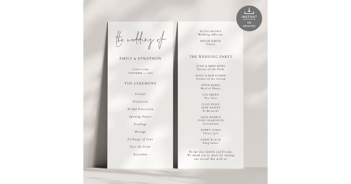 Modern Script Black White Wedding Program | Zazzle