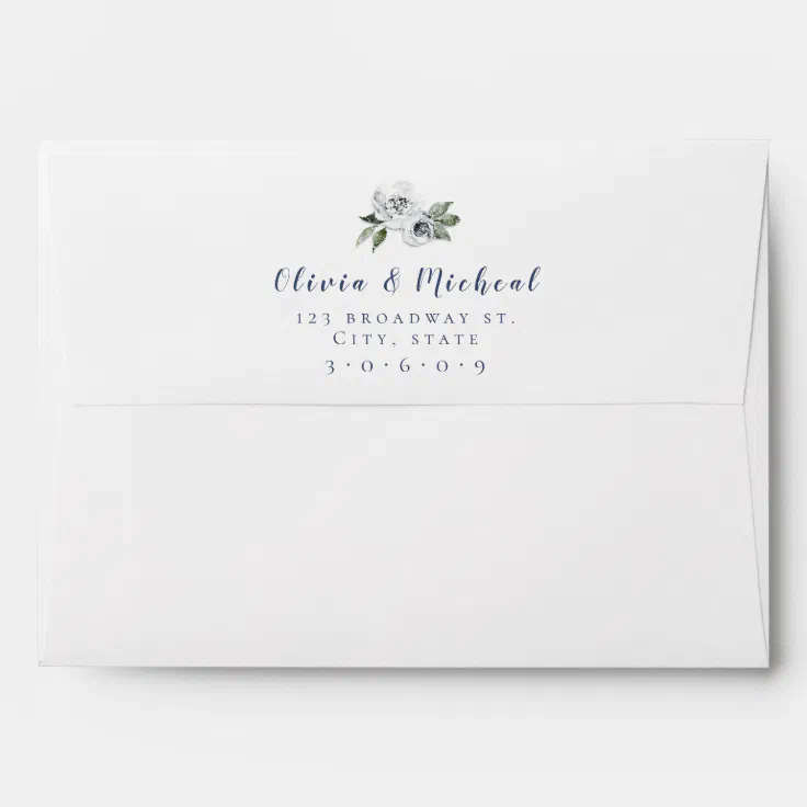 Modern script blue and white floral Wedding Envelope | Zazzle
