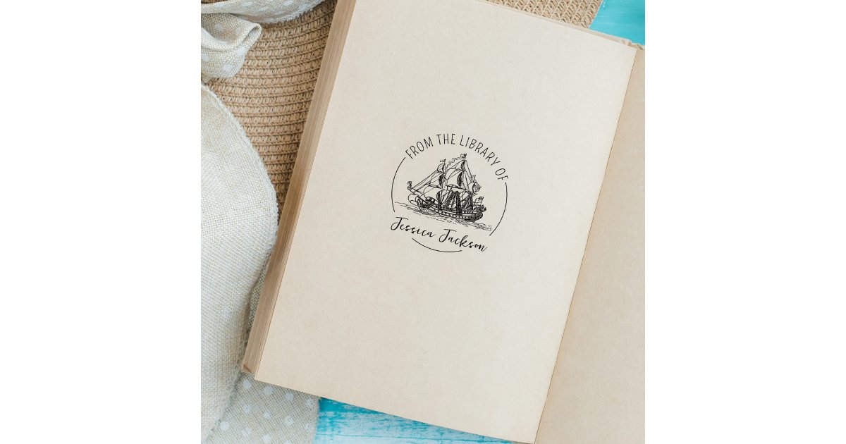 Modern Script Bookplate Ship Nautical Book Rubber Stamp | Zazzle