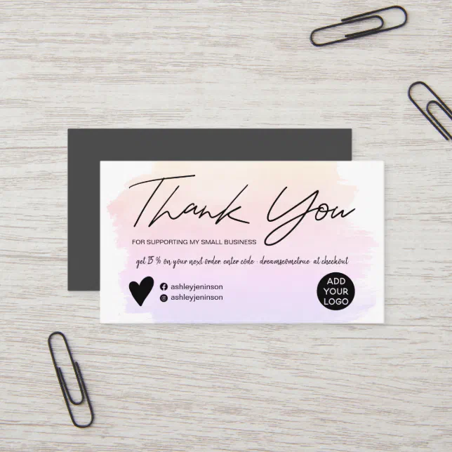 Modern script brush ombre watercolor thank you business card | Zazzle