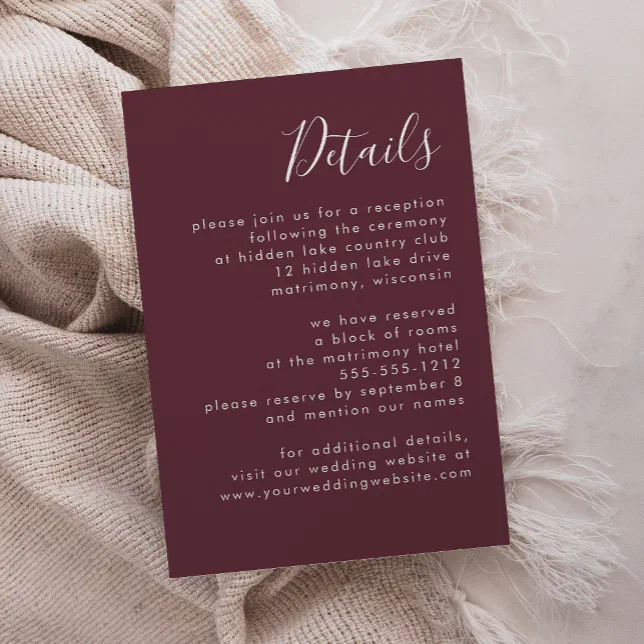 Modern Script Burgundy Red Wedding Details Enclosure Card | Zazzle