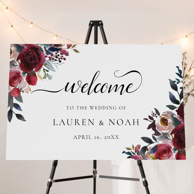 Modern Script Burgundy Wedding Welcome Sign | Zazzle