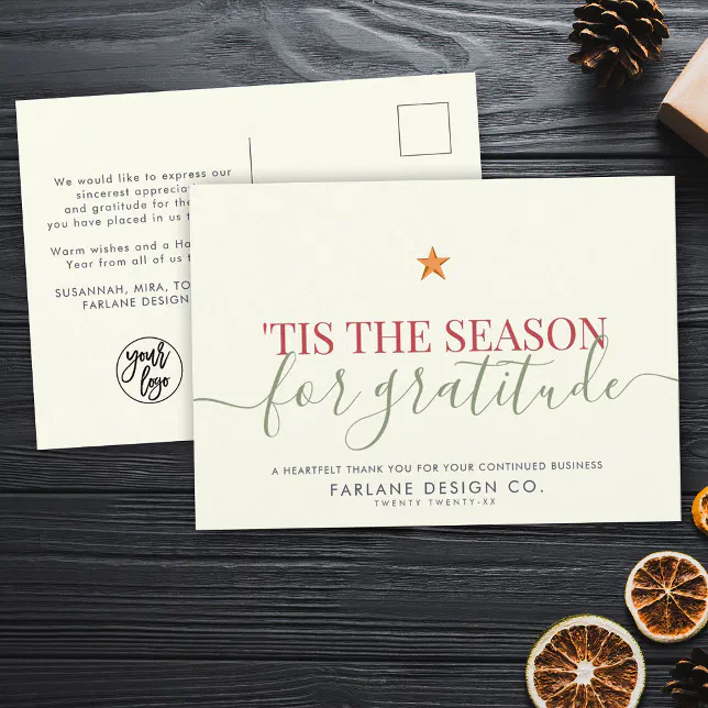 Modern Script Business Gratitude Corporate Logo Holiday Postcard | Zazzle