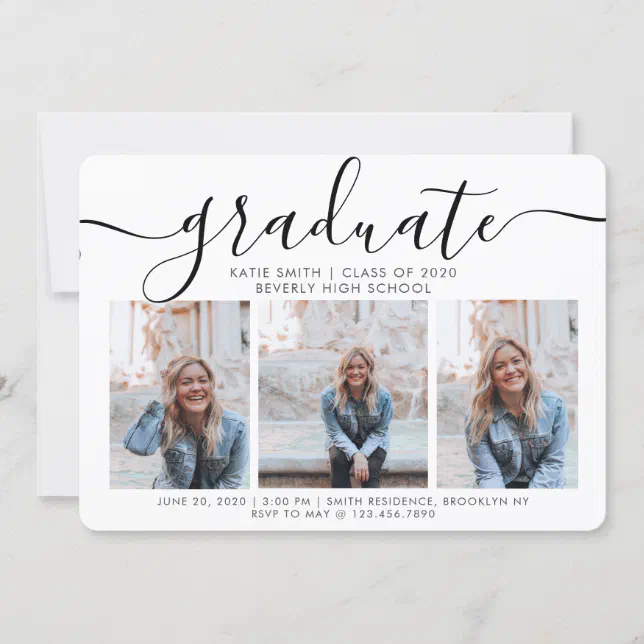 Modern Script Calligraphy 3 Photo Graduation Invitation | Zazzle