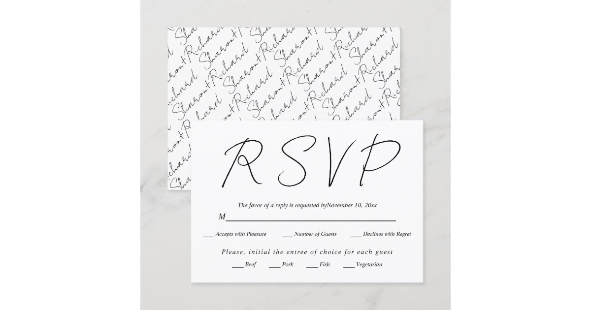 Modern script calligraphy black and white wedding RSVP card | Zazzle
