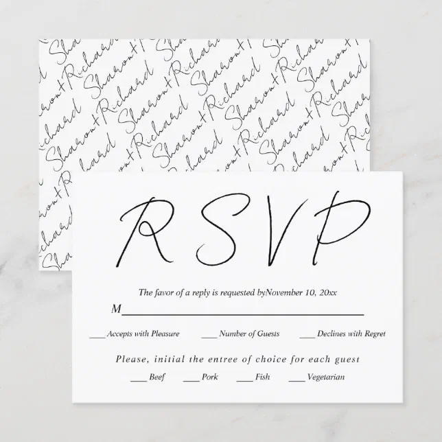 Modern script calligraphy black and white wedding RSVP card | Zazzle