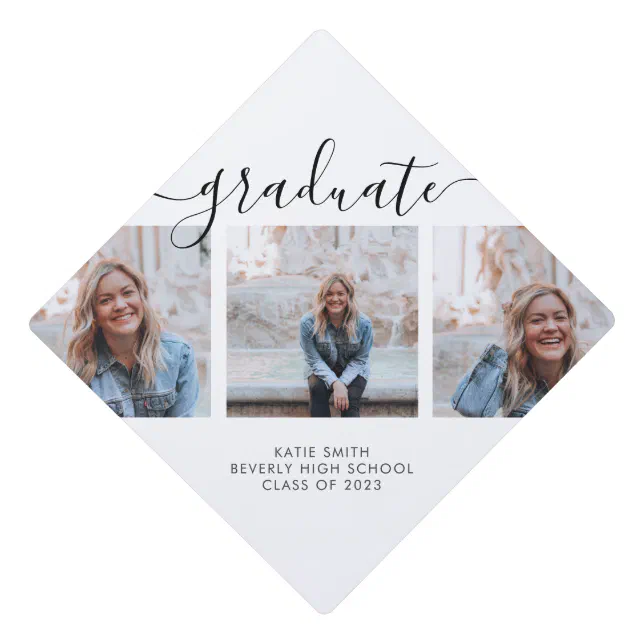 Modern Script Calligraphy Graduation 3 Photo Graduation Cap Topper | Zazzle