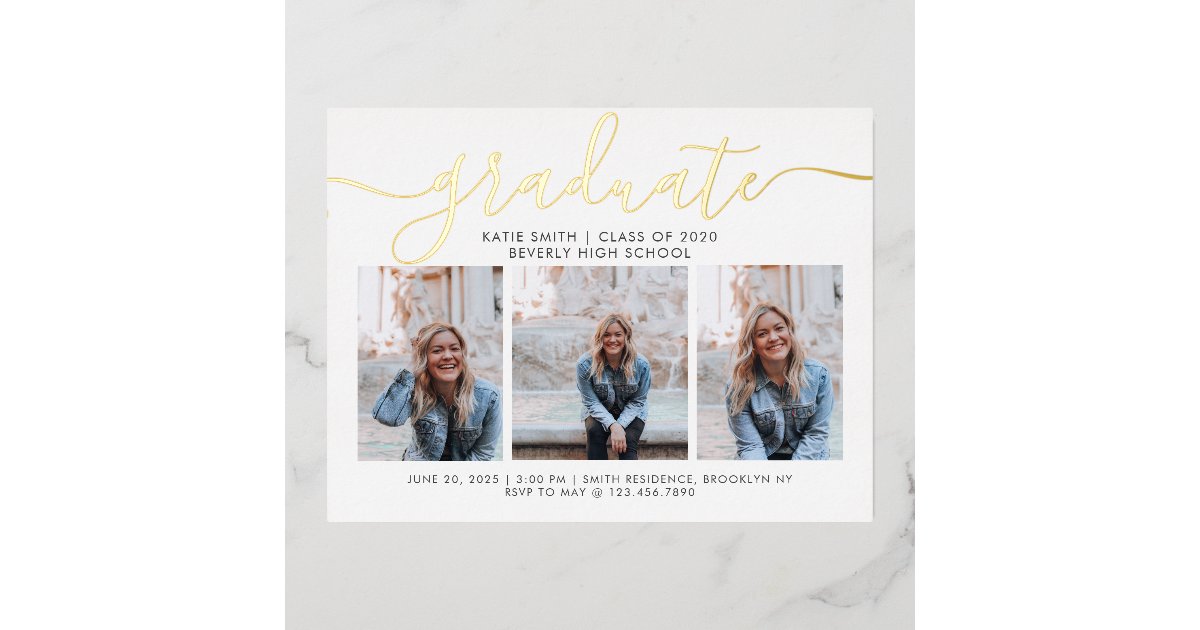 Modern Script Calligraphy Graduation 3 Photo Invit Foil Holiday ...