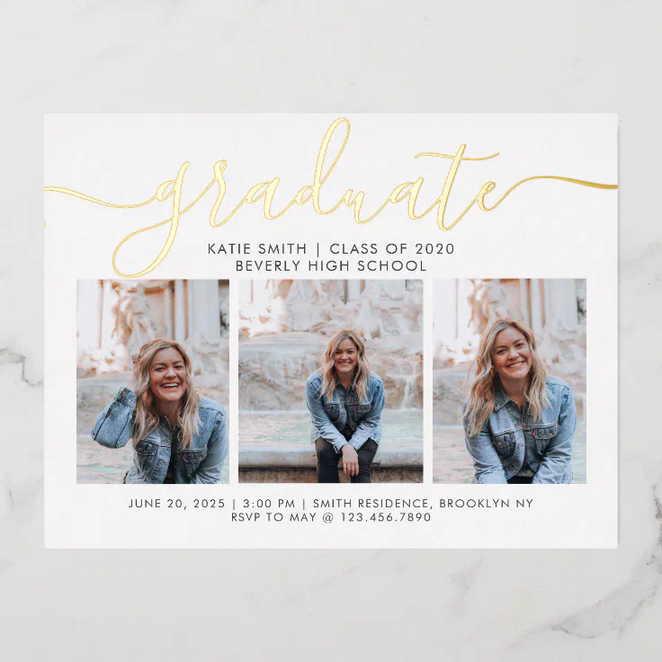Modern Script Calligraphy Graduation 3 Photo Invit Foil Holiday ...
