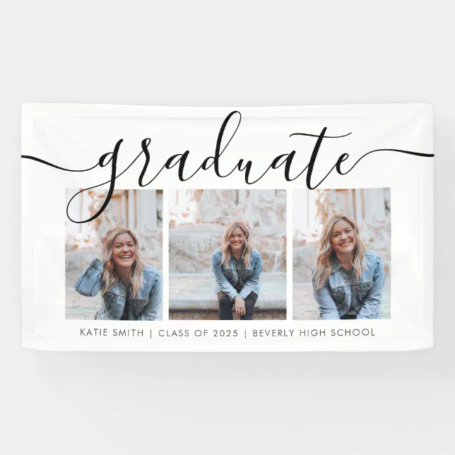 Modern Script Calligraphy Graduation Three Photo Banner | Zazzle