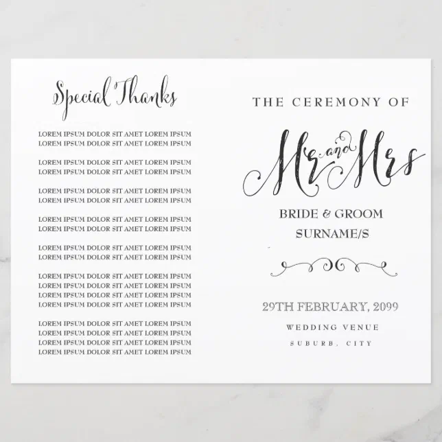 Modern Script Calligraphy Mr & Mrs Wedding Program | Zazzle
