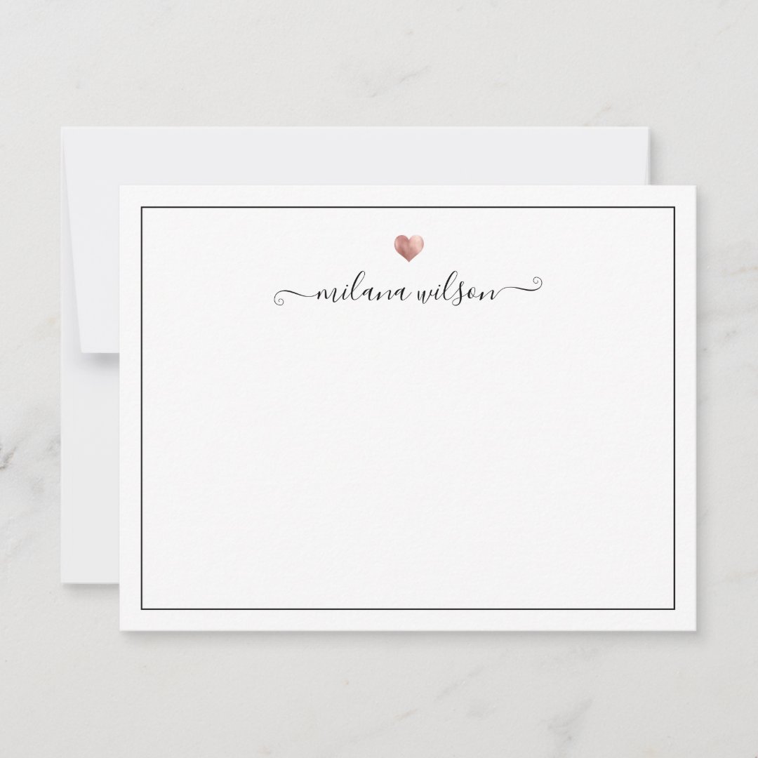 Modern Script Calligraphy Rose Gold Heart Note Card | Zazzle