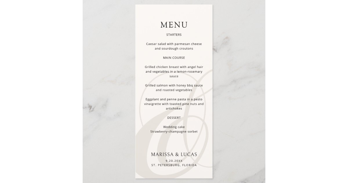 Modern Script Champagne Ampersand Wedding Menu | Zazzle