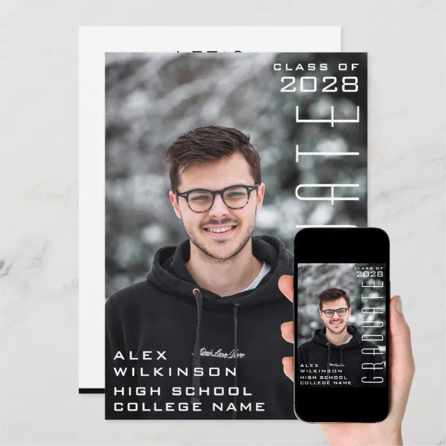 Modern Script Chic Guy Photo Trendy Graduation Invitation | Zazzle