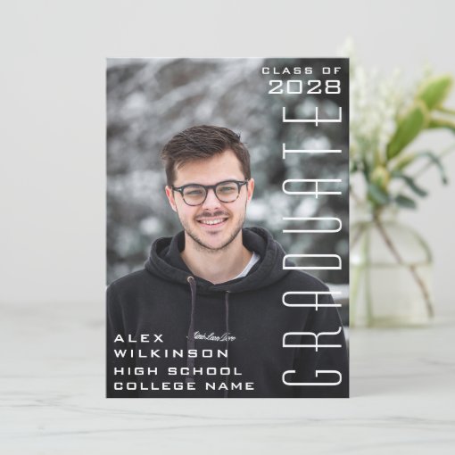 Modern Script Chic Guy Photo Trendy Graduation Invitation | Zazzle