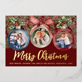 Modern Script Christmas Ornament Family Photos Red Foil Holiday Card | Zazzle