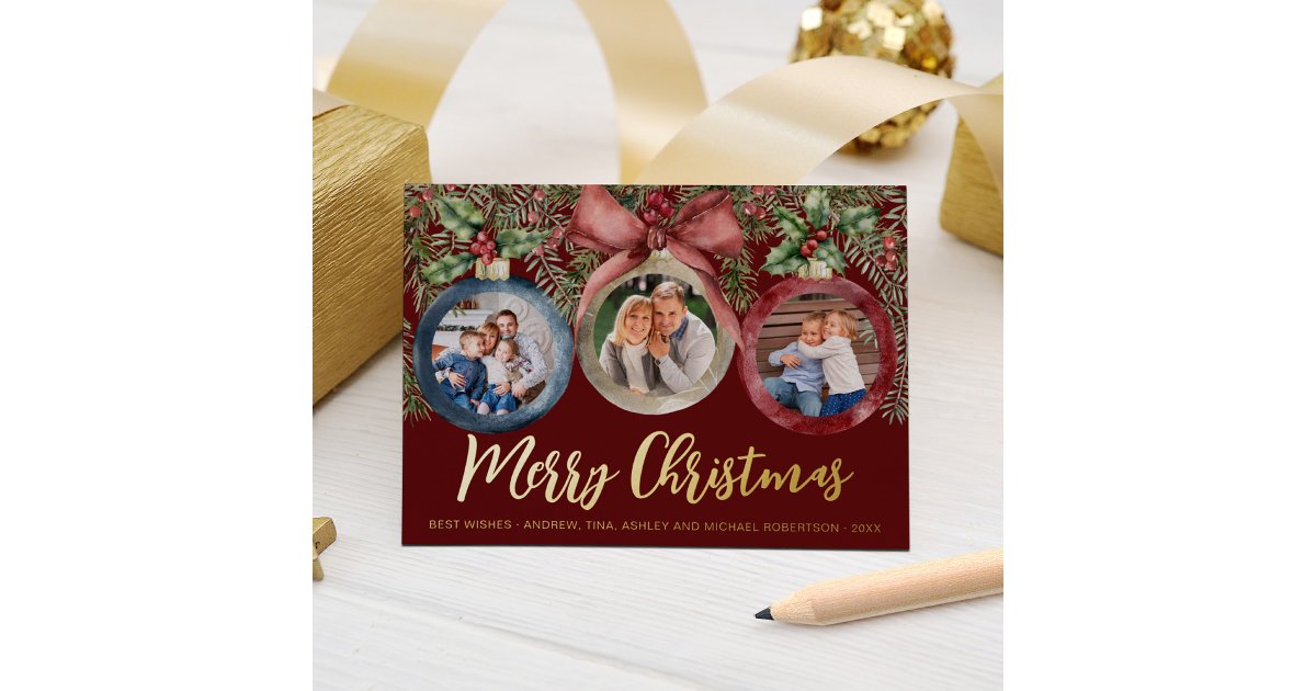 Modern Script Christmas Ornament Family Photos Red Foil Holiday Card | Zazzle