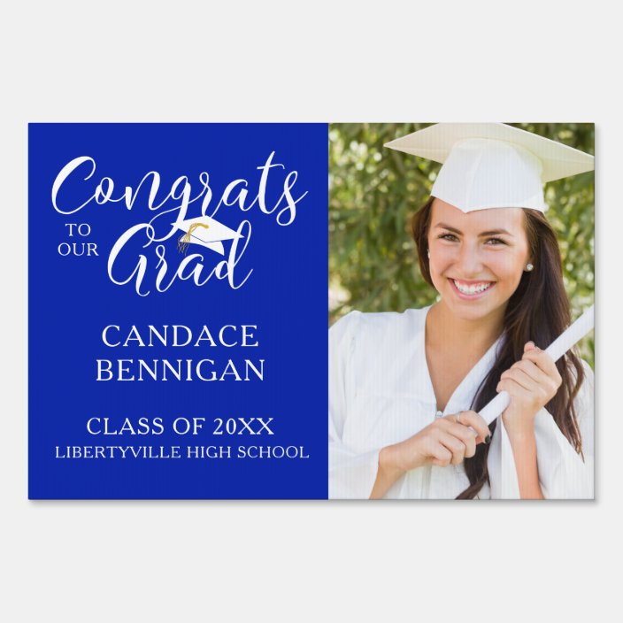 Modern Script CONGRATS GRAD Photo Blue Graduation Sign | Zazzle.com