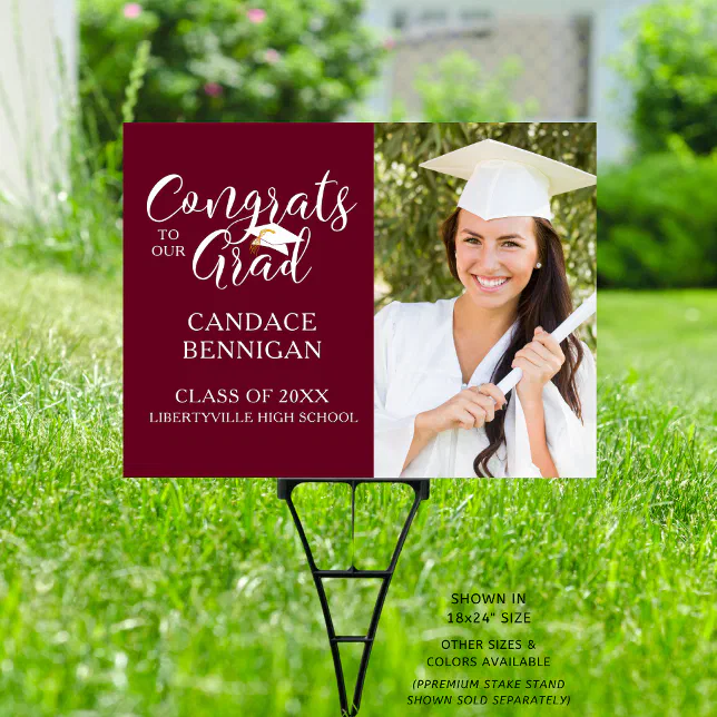 Modern Script CONGRATS Photo Maroon Graduation Sign | Zazzle