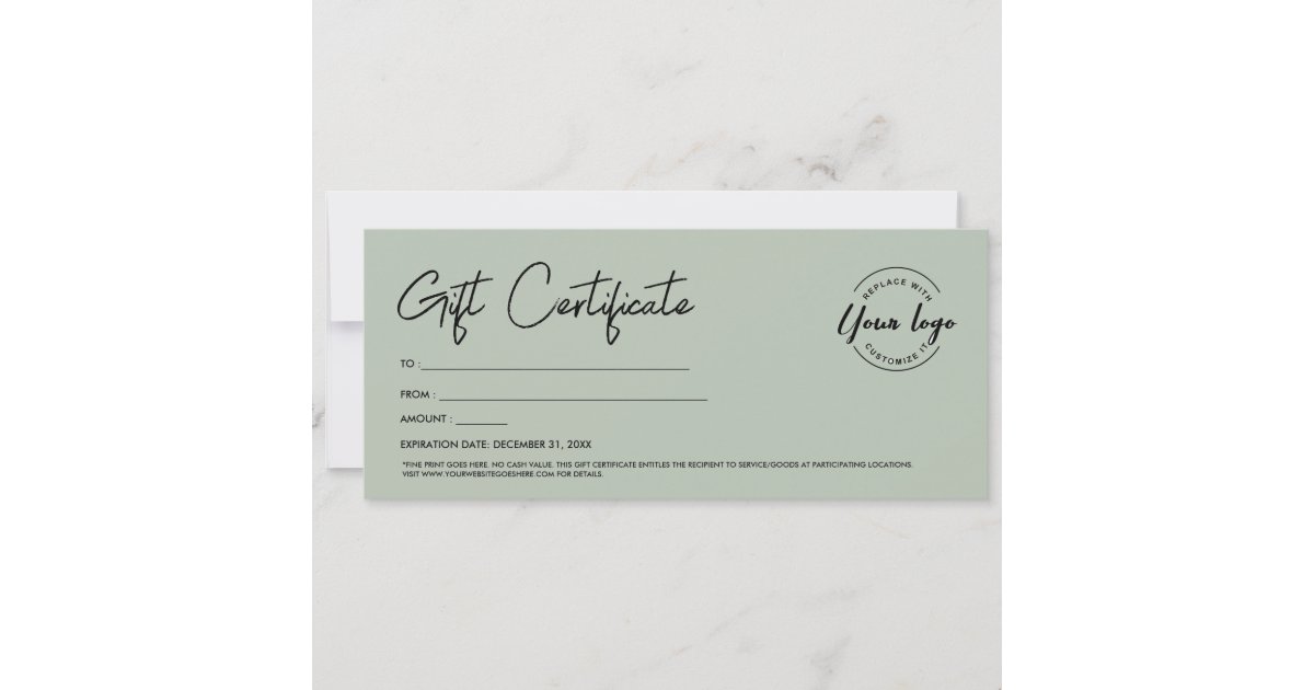 Modern Script Custom Logo Gift Certificate Green Invitation | Zazzle