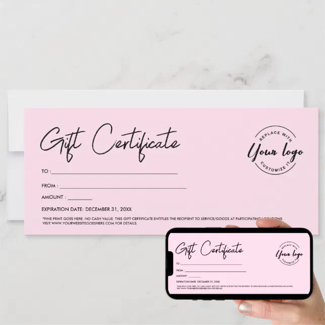 Modern Script Custom Logo Gift Certificate Pink Invitation | Zazzle