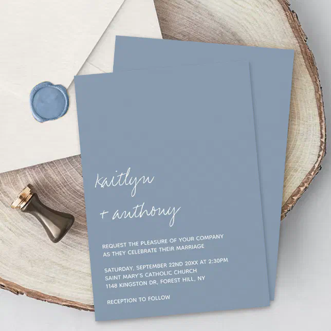 Modern Script Dusty Blue Minimalistic Wedding Invitation | Zazzle