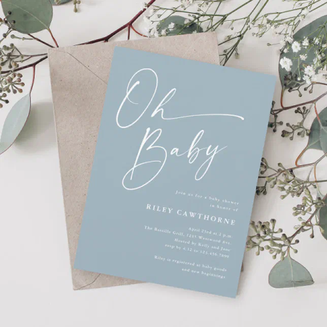 Modern Script Dusty Blue Oh Baby Shower Invitation | Zazzle