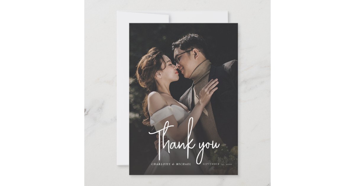 Modern Script Elegant Photo Wedding Thank You Card | Zazzle