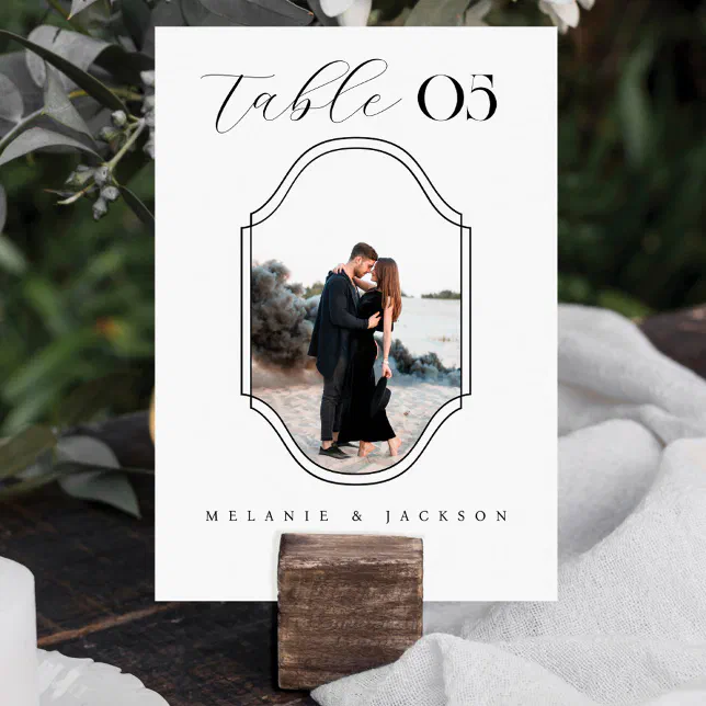 Modern Script Elegant Wedding Photo Frame White Table Number | Zazzle