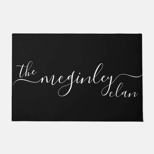 Modern Script Family Name Black White Doormat | Zazzle