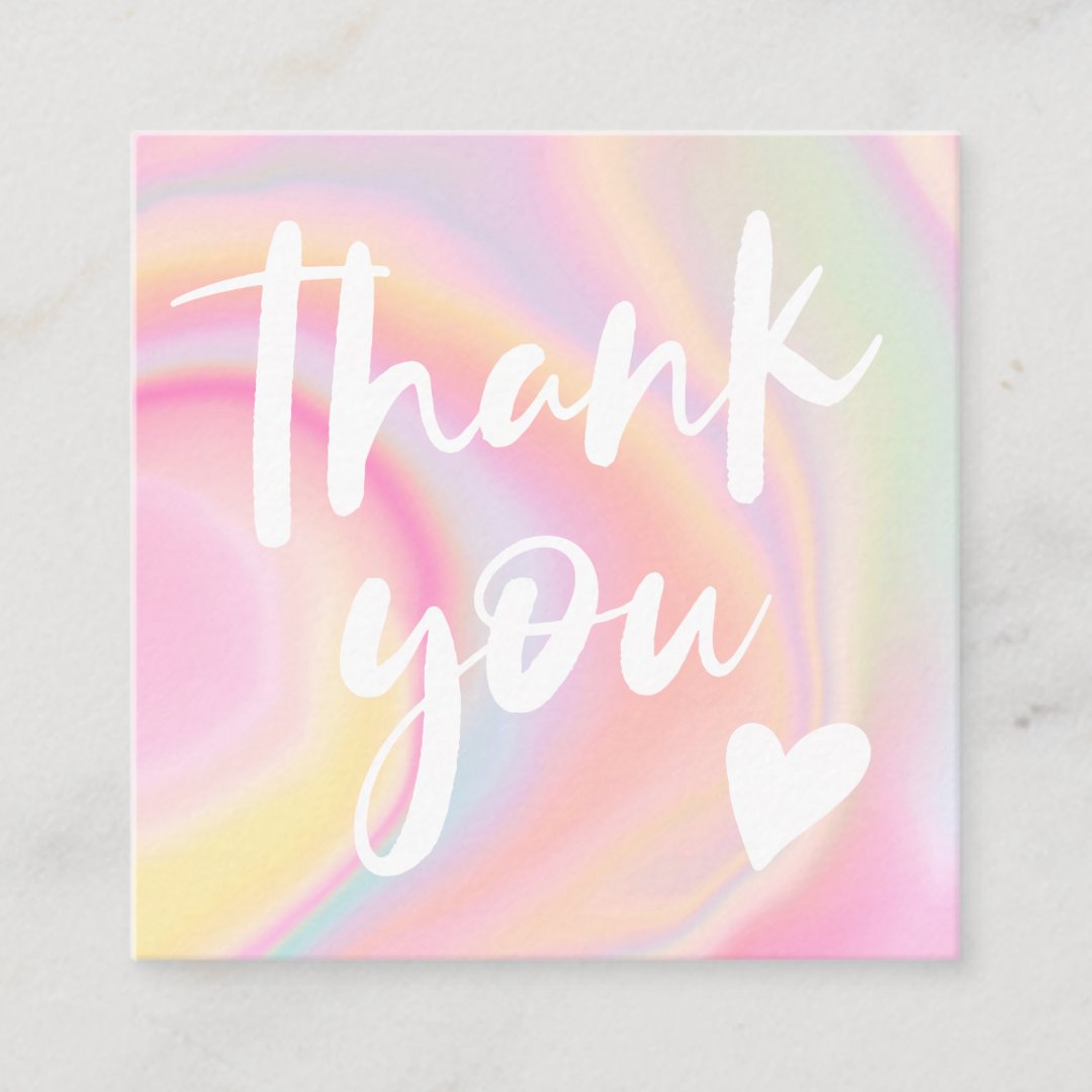 Modern script font rainbow marble pastel thank you square business card ...