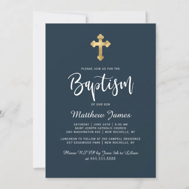 Modern Script Gold Cross Navy Blue Boy Baptism Invitation | Zazzle