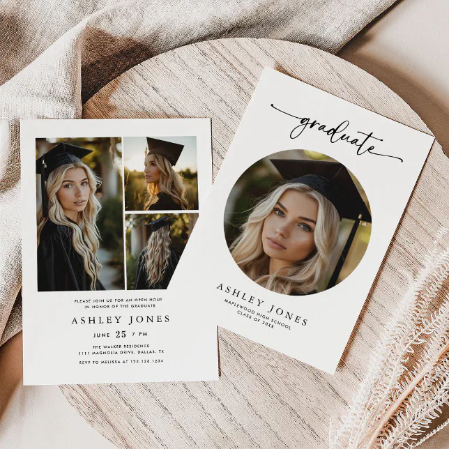 Modern Script Graduate 4 Photo Collage Graduation Invitation | Zazzle