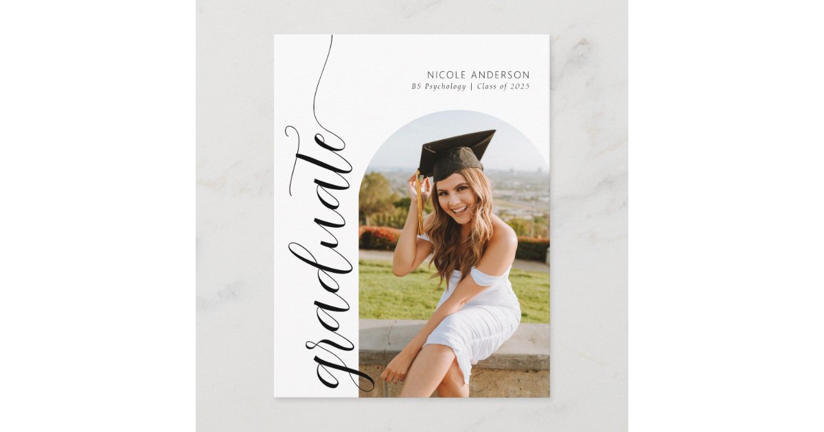 Modern Script Graduate Arch 2 Photo Announcement Postcard | Zazzle