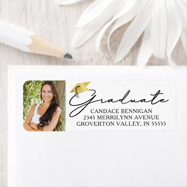 Modern Script Graduate Photo Black Gold Cap Label | Zazzle