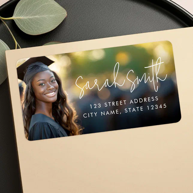 Modern script graduate photo return address label | Zazzle